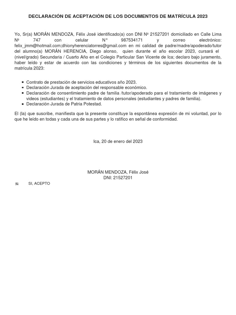 Aceptación Documentos Matrícula 2023 | PDF