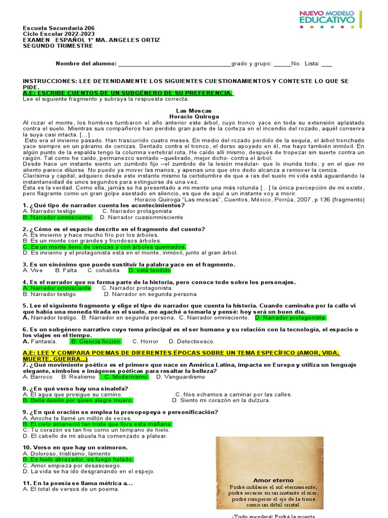 Examen Espa¤ol 1ų Segundo Trimestre | PDF | Poesía | Rima