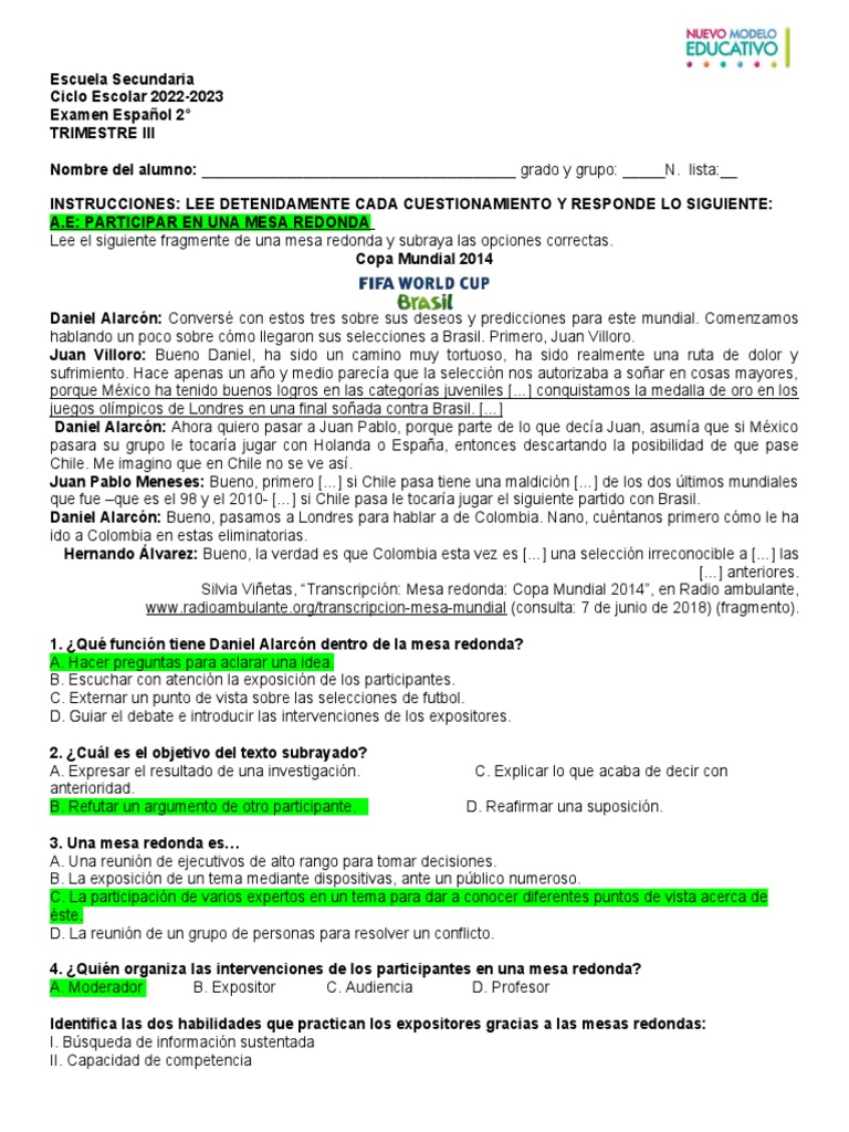Examen de Español 2° Secundaria 2022-2023 | PDF | Teatro | Lengua española
