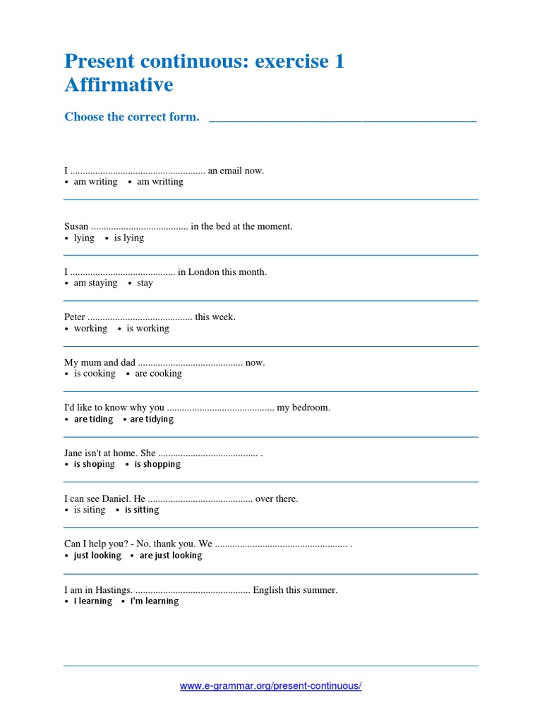 Present Continuous Multiple Choice Exercises | PDF