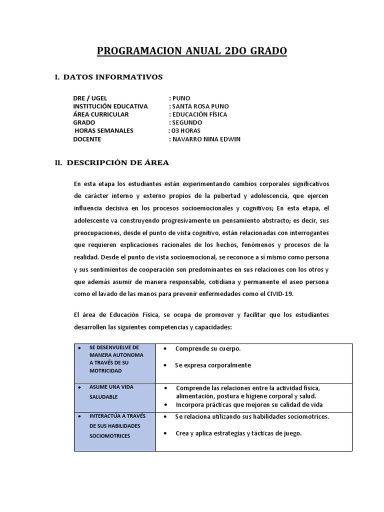 Programacion Anual y Unidades 2do Grado Santa Rosa 2022 | PDF | Higiene | Aprendizaje