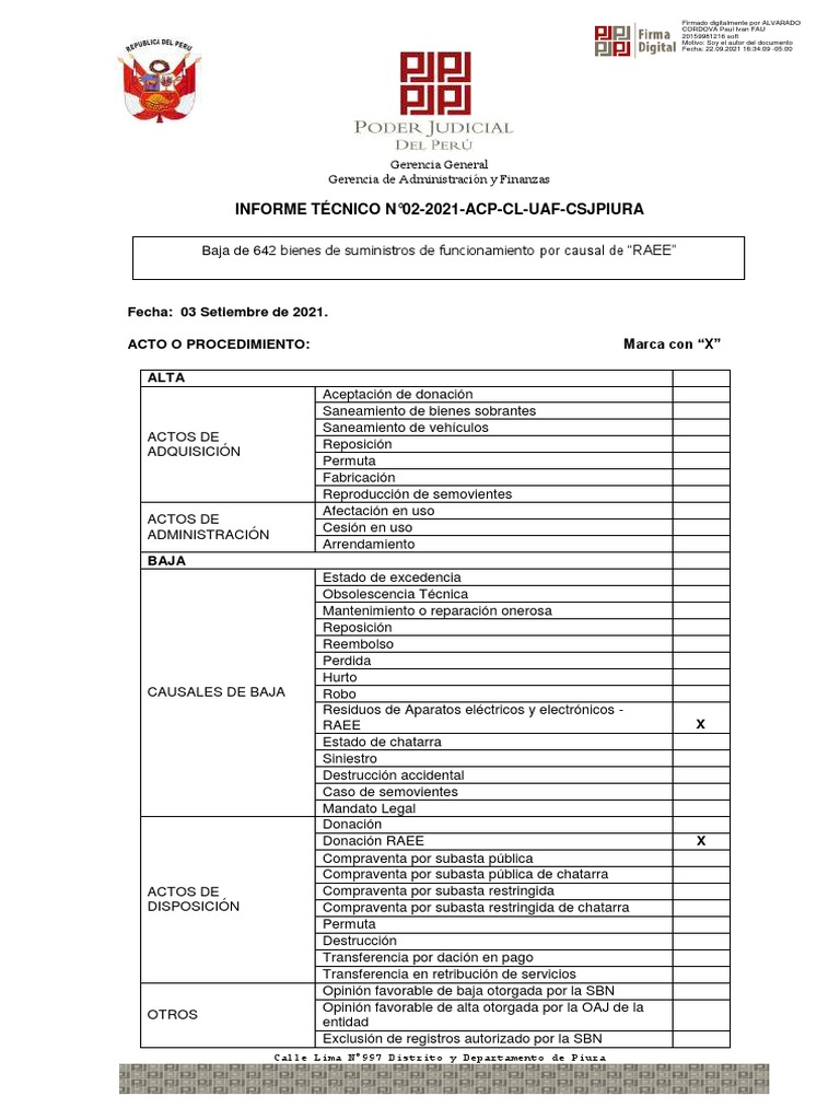 Informe Tecnico Baja de 642 Bienes de Suministros de Funcionamiento Por Causal de "RAEE" | PDF ...