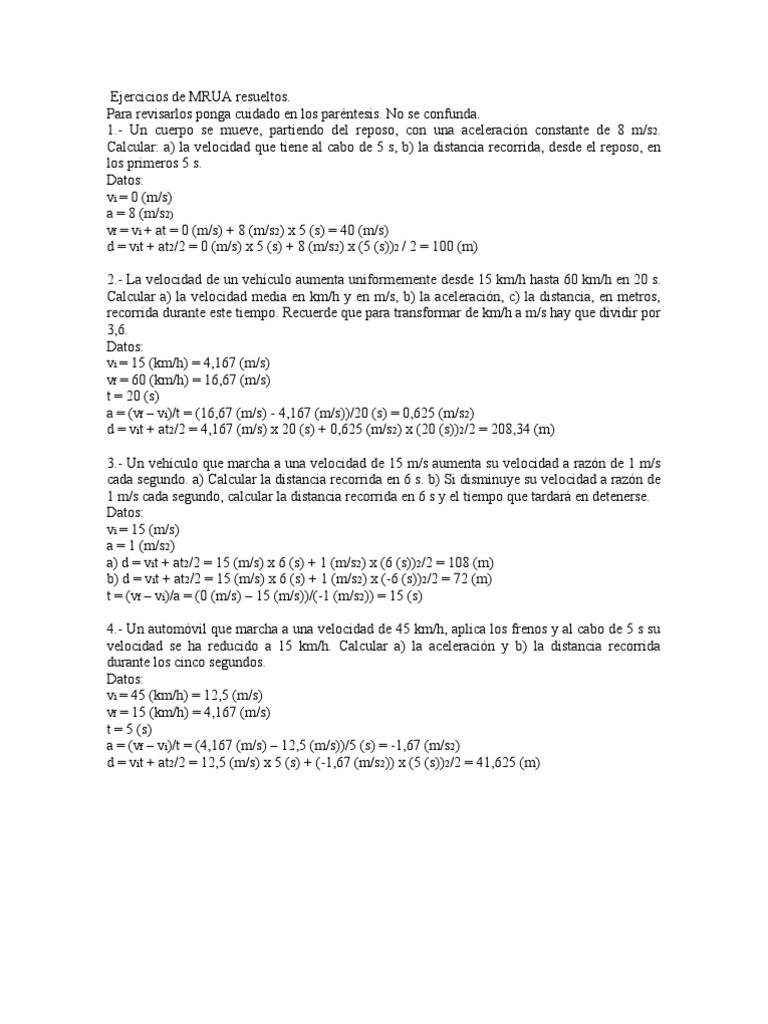 Ejercicios de MRUA Resueltos | PDF | Mecanica clasica | Movimiento (física)