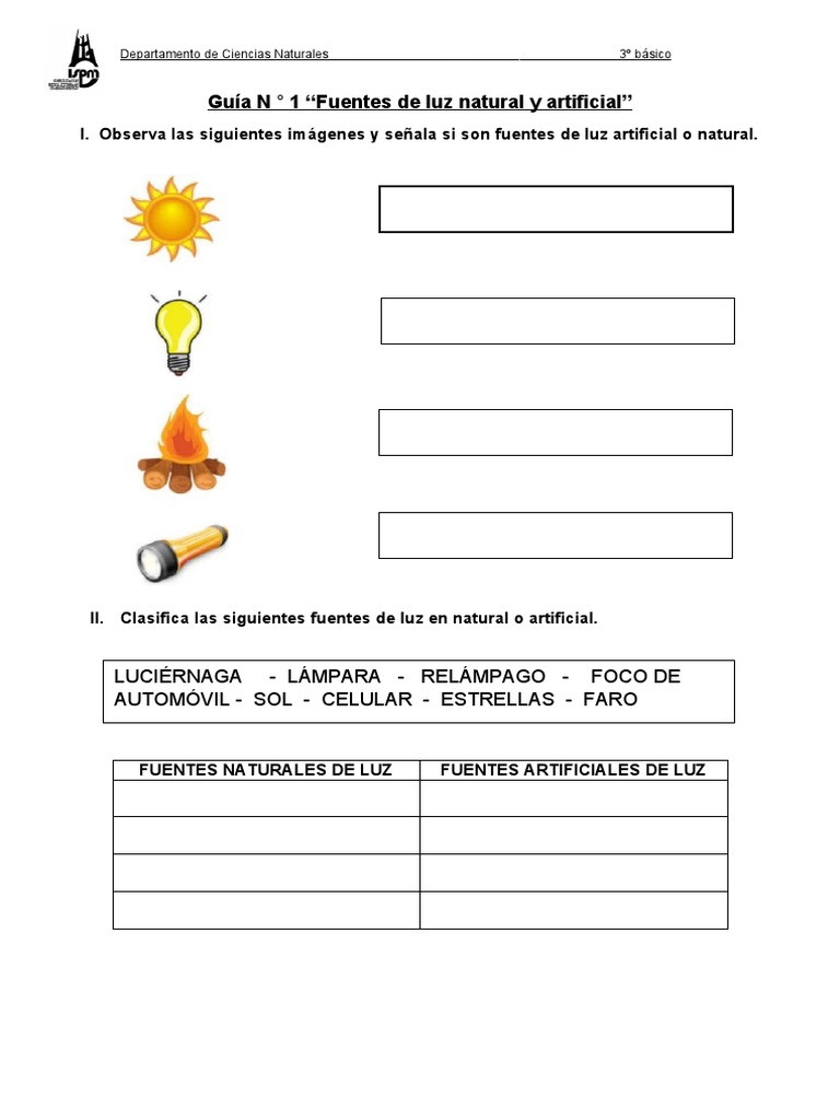 Guía N°1 Fuentes de Luz Natural y Artificial | PDF