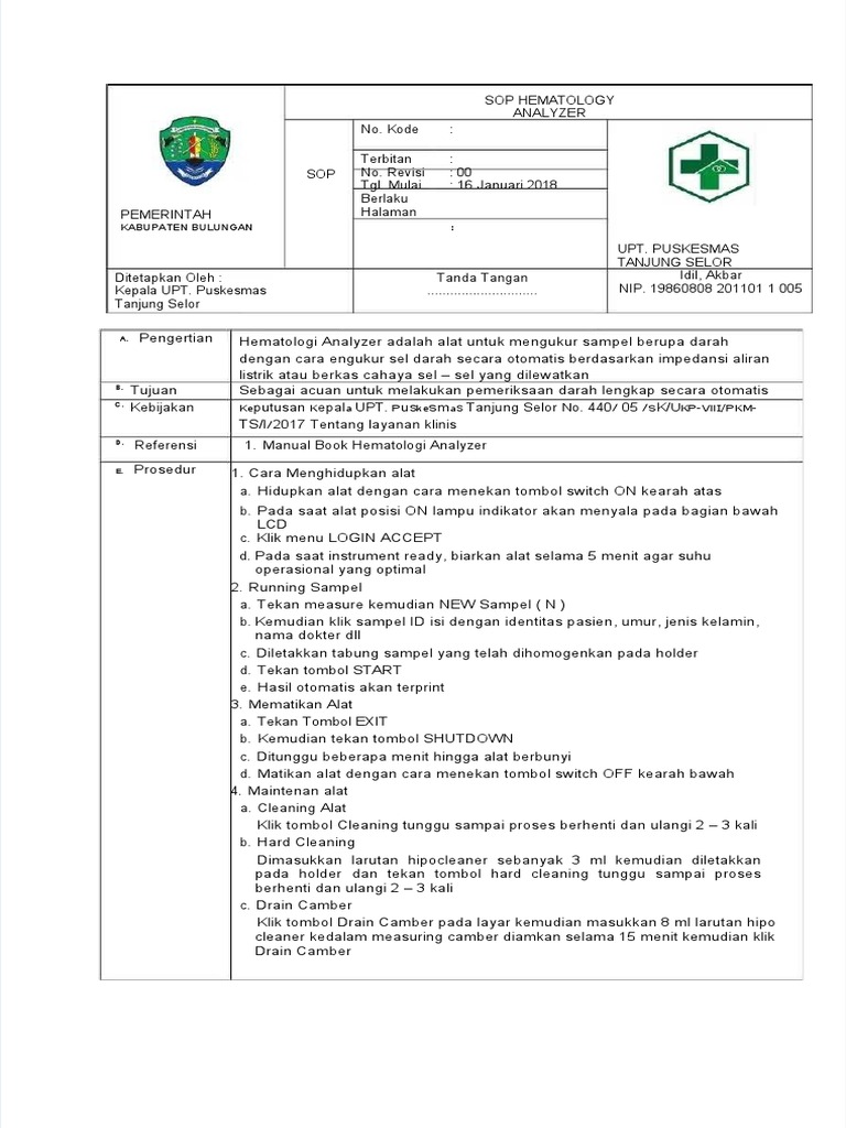 PDF Sop Hematology Analyzer | PDF
