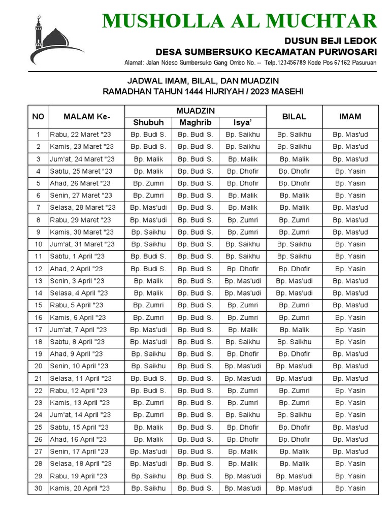Jadwal Bilal Dan Muadzin Ramadhan Musholla Al Muchtar | PDF