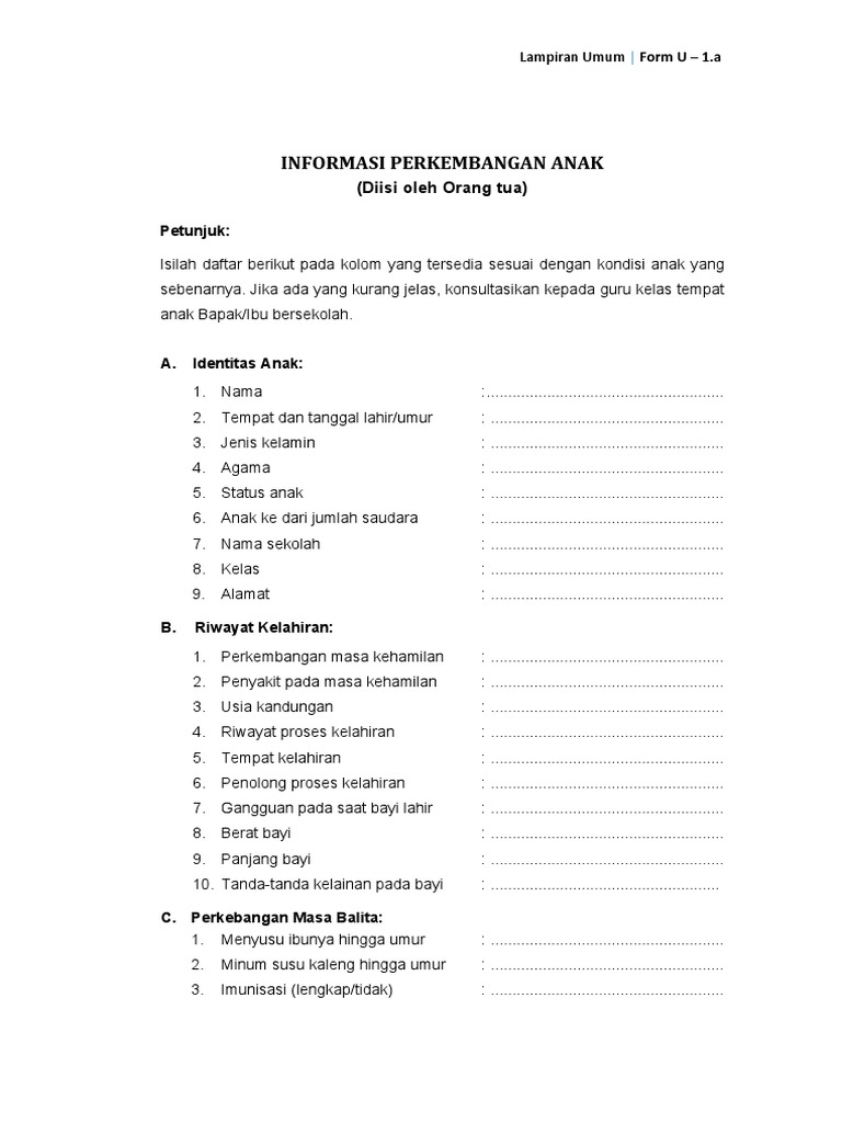 Formulir Perkembangan Anak Untuk Pendaftaran | PDF
