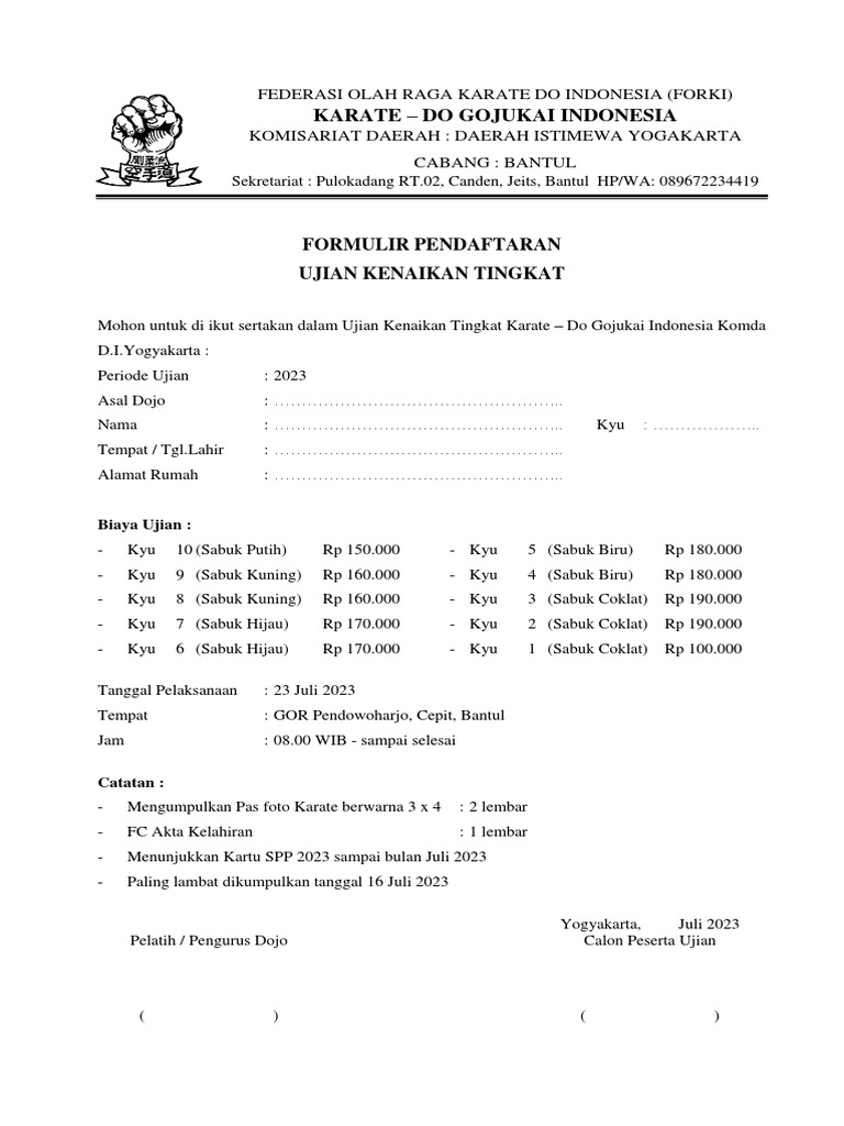 Formulir Pendaftaran Ujian Kenaikan Tingkat 2022 | PDF