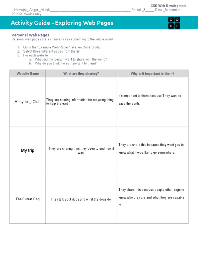 U2L01 Activity Guide - Exploring Web Pages (2020) | PDF