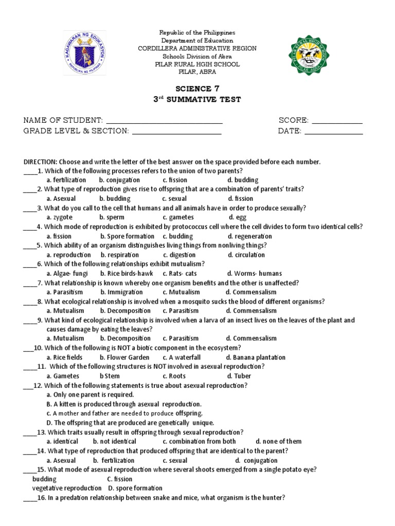 3rd SUMMATIVE TEST - Sci 7 | PDF | Reproduction | Sexual Reproduction