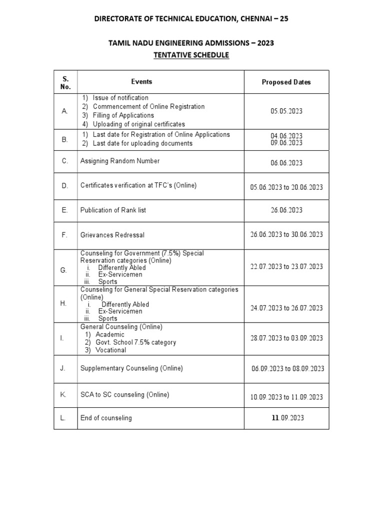 TNEA Schedule 2023 | PDF