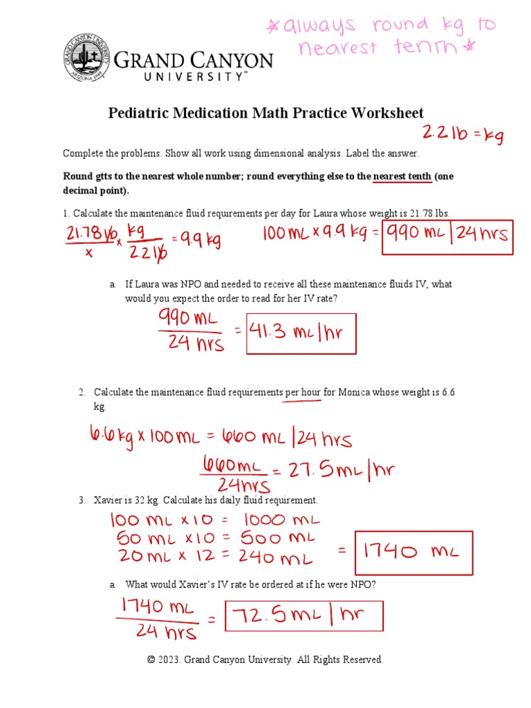 Pediatric Medication Math Practice Worksheet | PDF | Intravenous Therapy | Medical Treatments
