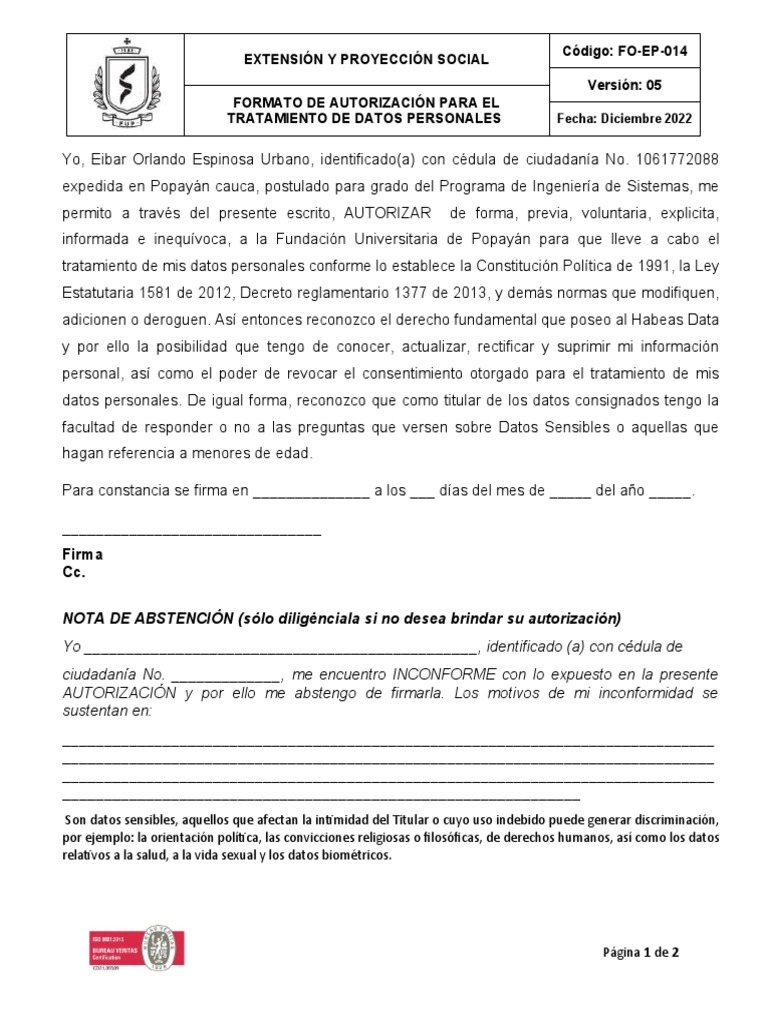 Extensión Y Proyección Social Formato de Autorización para El Tratamiento de Datos Personales ...