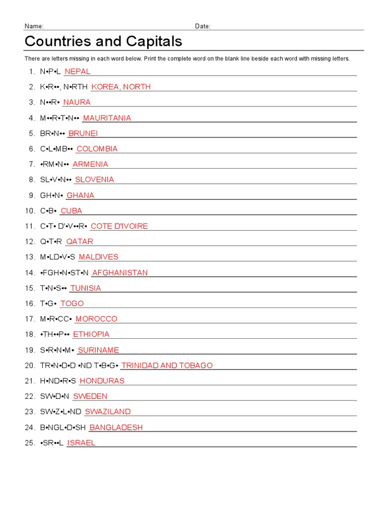 Countries and Capitals-Missing Letters 2 - Key | PDF