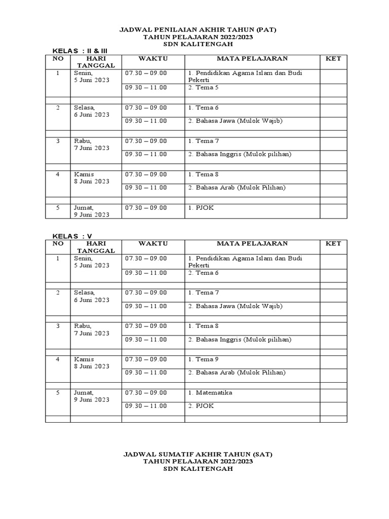 Jadwal Pat 2023 Kalitengah | PDF