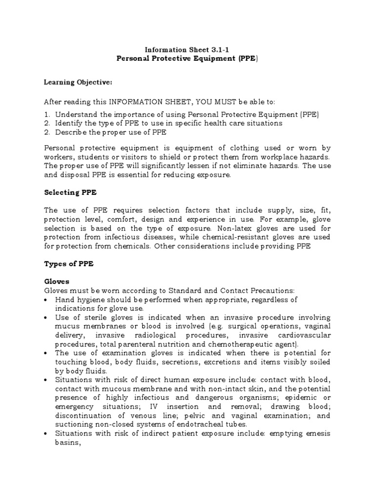 Personal Protective Equipment (PPE) : Information Sheet 3.1-1 | PDF ...