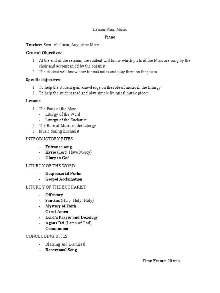 Lesson Plan Music | PDF | Mass (Liturgy) | Eucharist