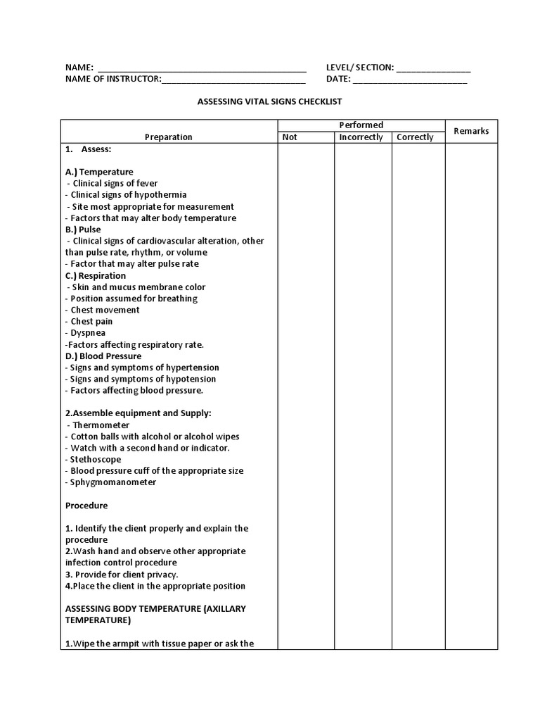 Vital Signs Checklist | PDF | Pulse | Cardiovascular System