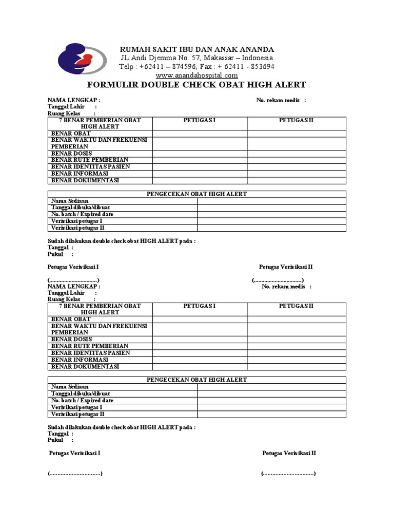 Formulir Double Check Obat High Alert | PDF | Ilmu Sosial | Hukum