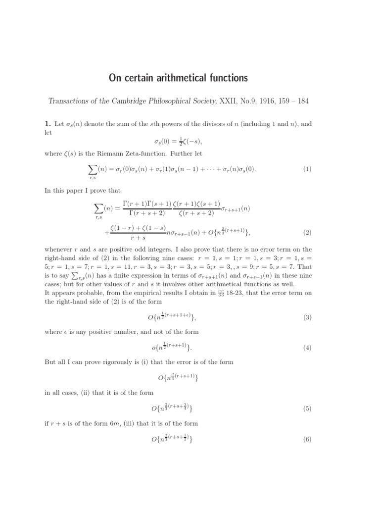 Ramanujan On Certain Arithmetical Functions | PDF | Complex Analysis | Mathematical Concepts