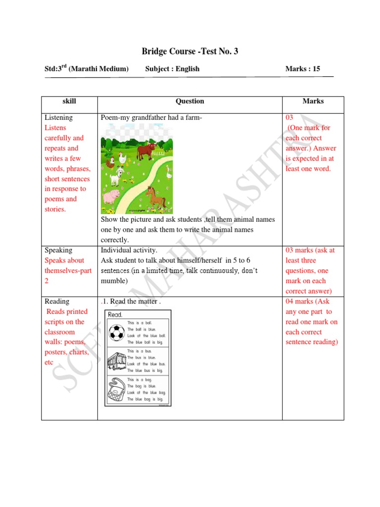 STD 3 RD Test 3 English Bridge Course | Download Free PDF | Reading ...