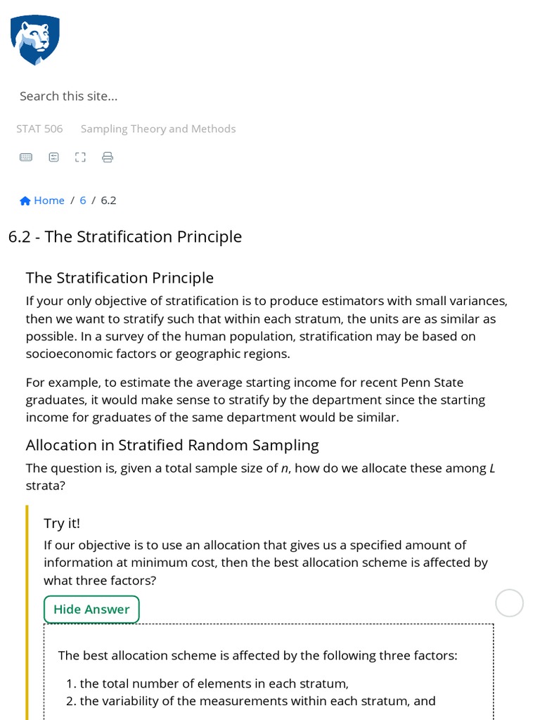 6.2 - The Stratification Principle - STAT 506 | PDF | Sampling (Statistics) | Stratified Sampling