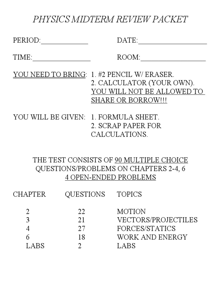 Physics Midterm Review Packet | PDF | Force | Acceleration