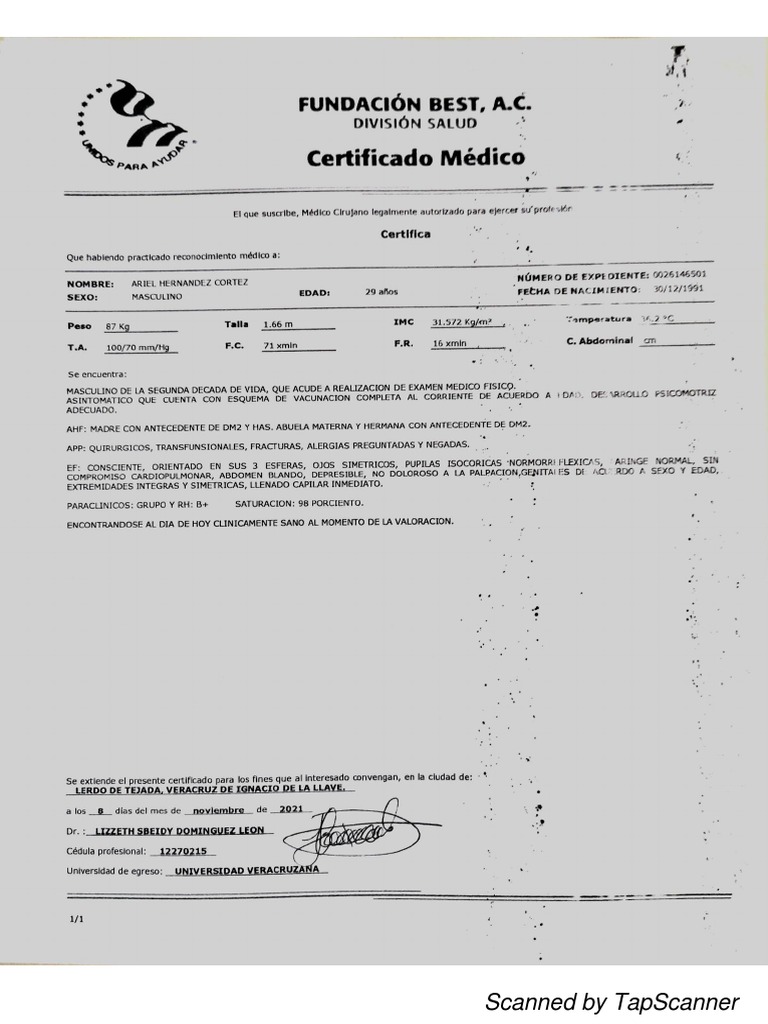 Certificado Medico Con Grupo de Sanguineo | PDF