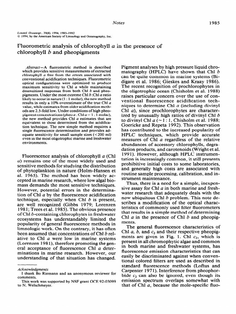 1994 - Welschmeyer - Fluorometric Analysis of Chlorophyll A in The ...