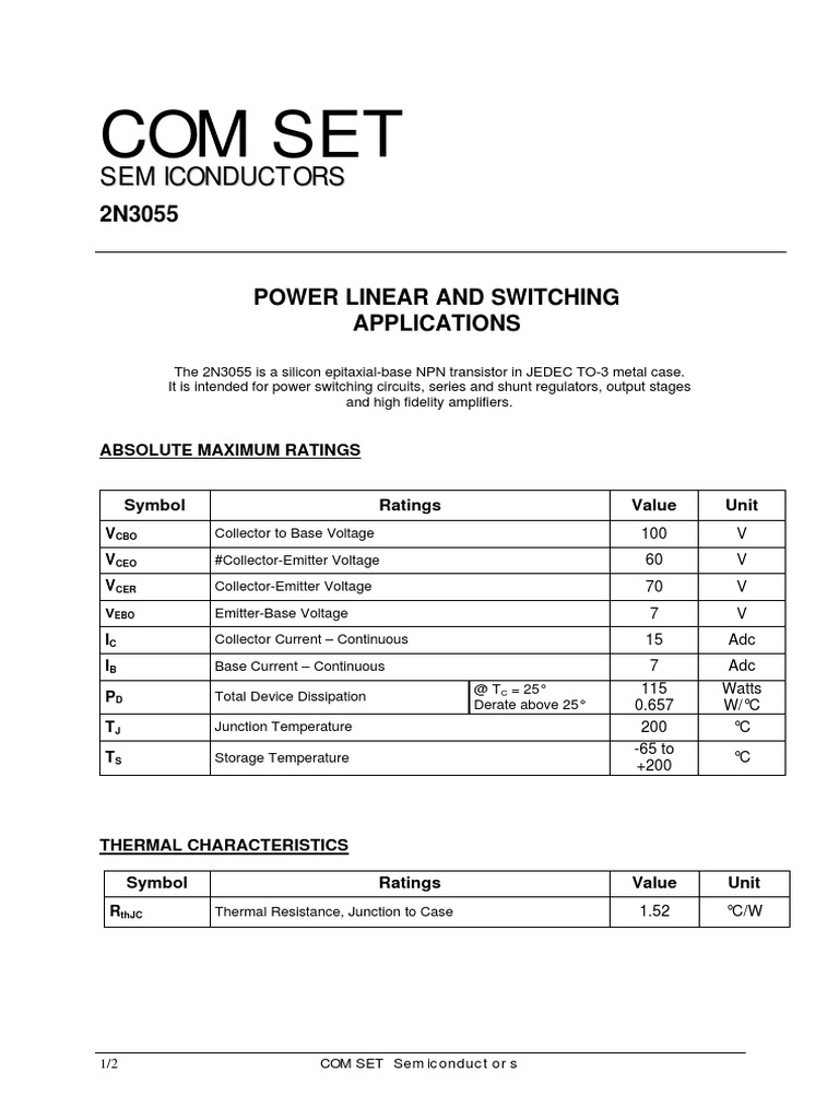 2N3055 | PDF | Bipolar Junction Transistor | Computer Engineering