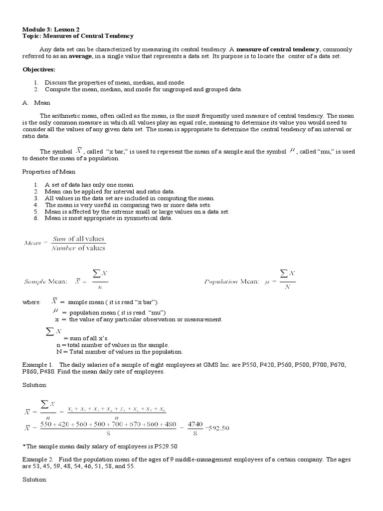 Lesson 4 Measures of Central Tendency | Download Free PDF | Mean | Mode (Statistics)
