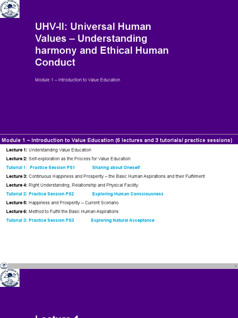 UHV II Lecture 1 - Understanding Value Education v5 | PDF | Thought | Happiness