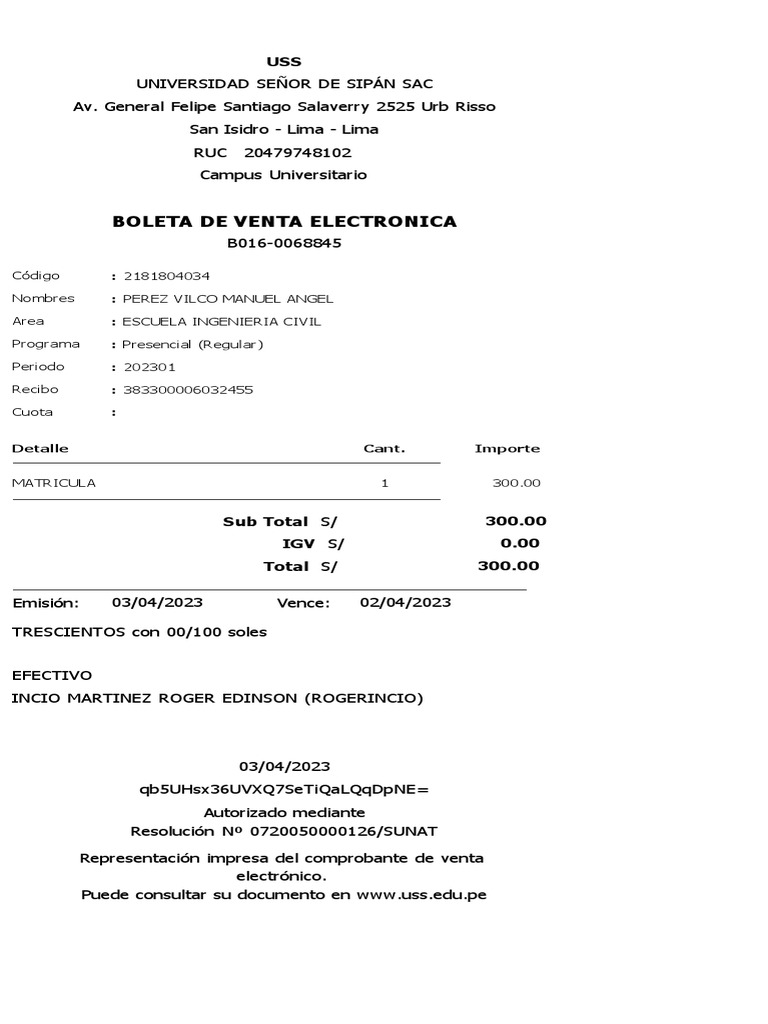 Boleta de Venta Electronica: Código Nombres Area Programa Periodo ...