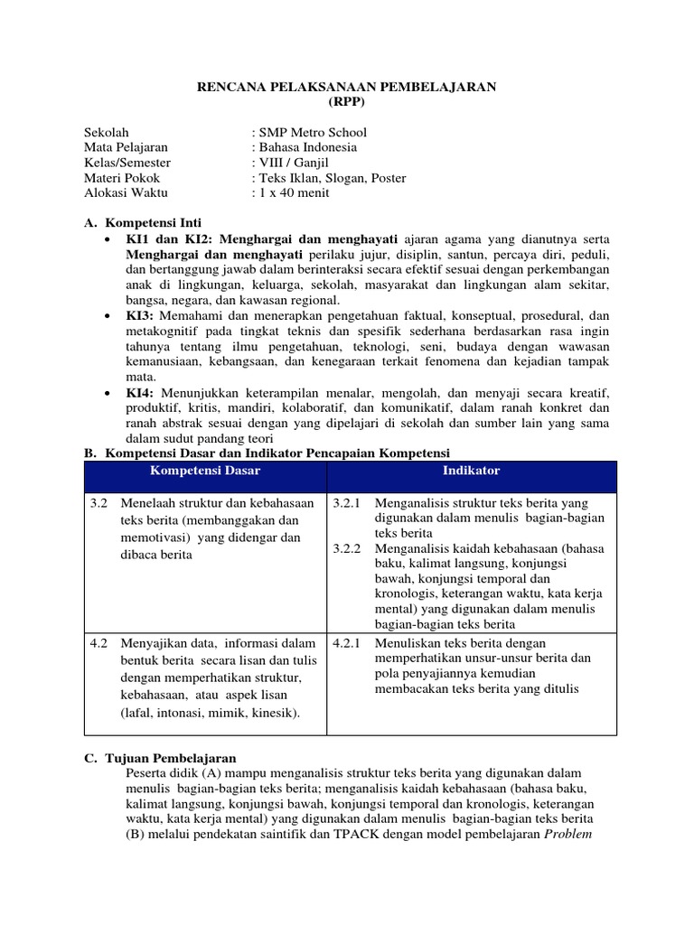 RPP Bahasa Indonesia Kelas 8 Teks Berita KD 32 | PDF | Karier & Perkembangan