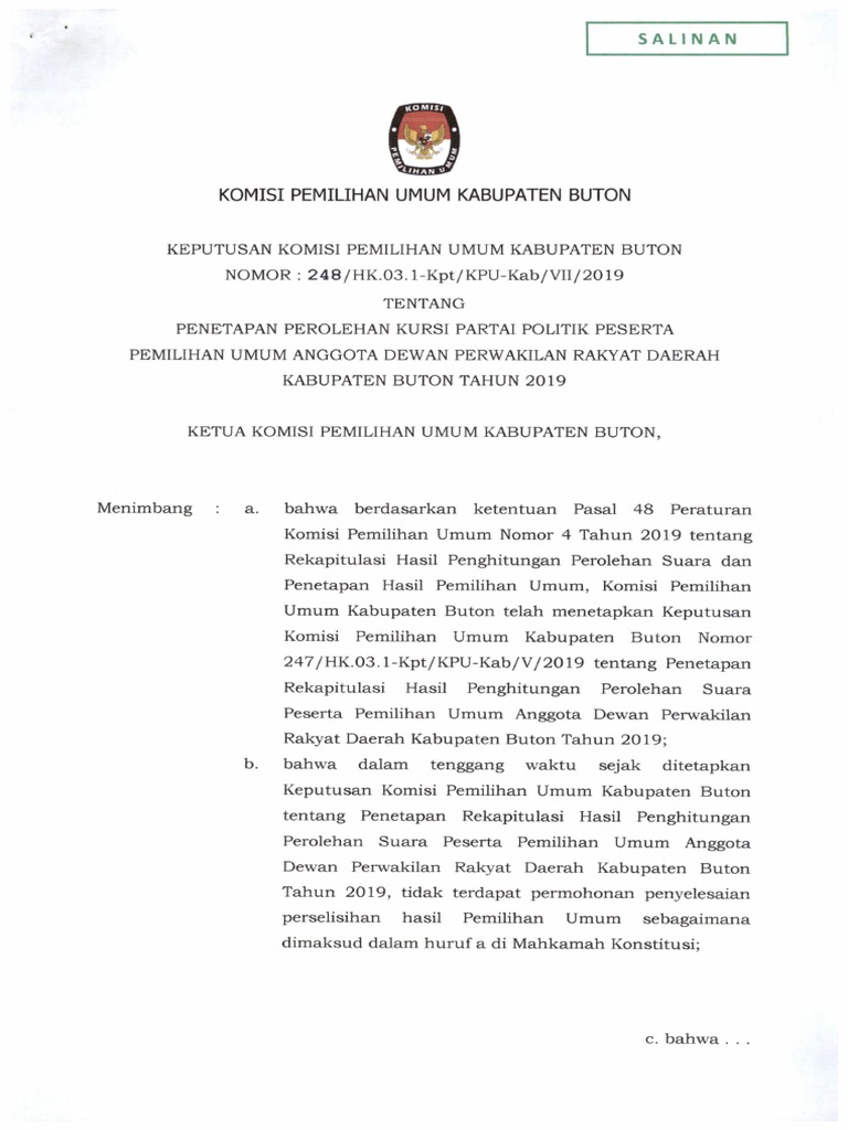 Surat Keputusan KPU Buton Tentang Penetapan Perolehan Kursi Partai ...
