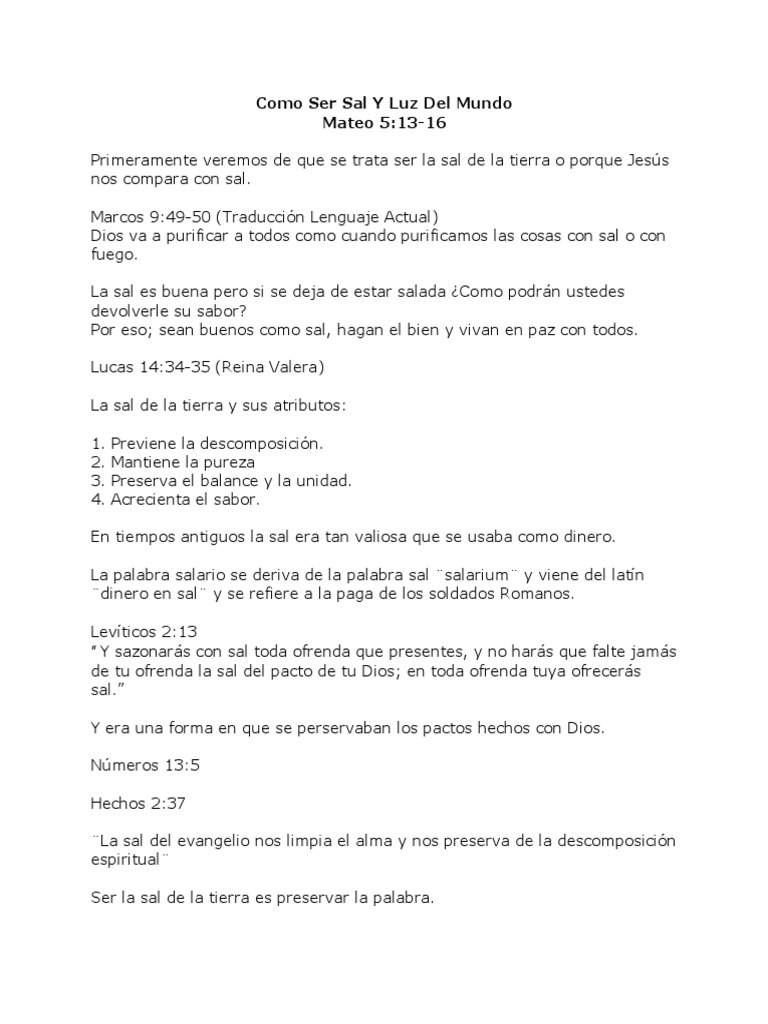 Como Ser Sal Y Luz Del Mundo Mateo 5:13-16 | PDF | Jesús | Evangelio de Mateo