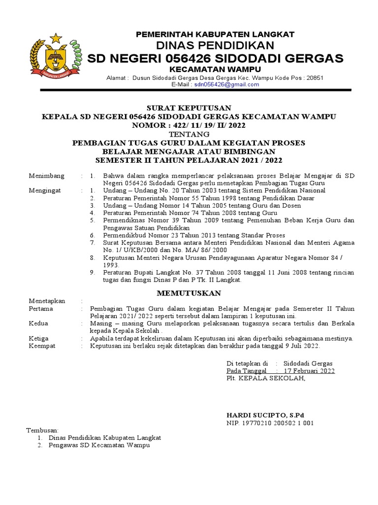 SK Pembagian Tugas Guru SD | PDF