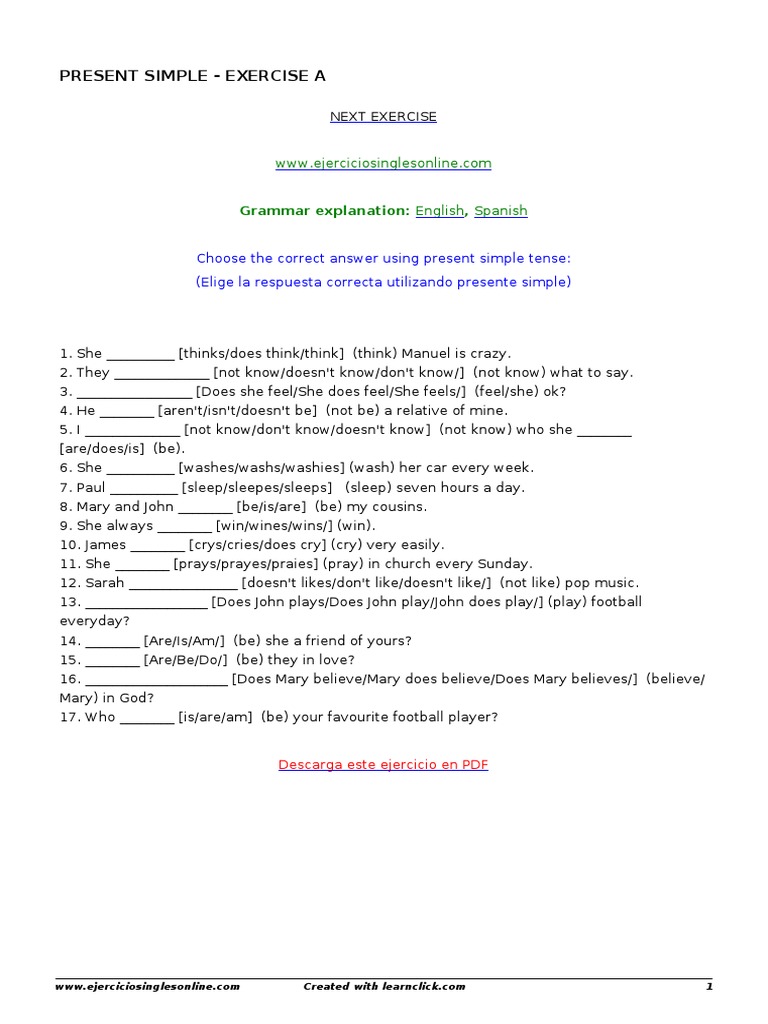 Presente Simple - Ejercicio A | PDF