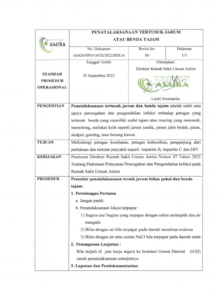 Penatalaksanaan Tertusuk Jarum Atau Benda Tajam | PDF Penatalaksanaan Tertusuk Jarum Atau Benda Tajam | PDF