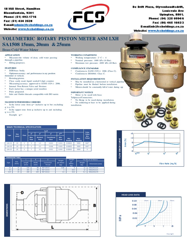 Volumetric Rotary Piston Meter Asm LXH SA1508 15mm, 20mm & 25mm | PDF | Valve | Water