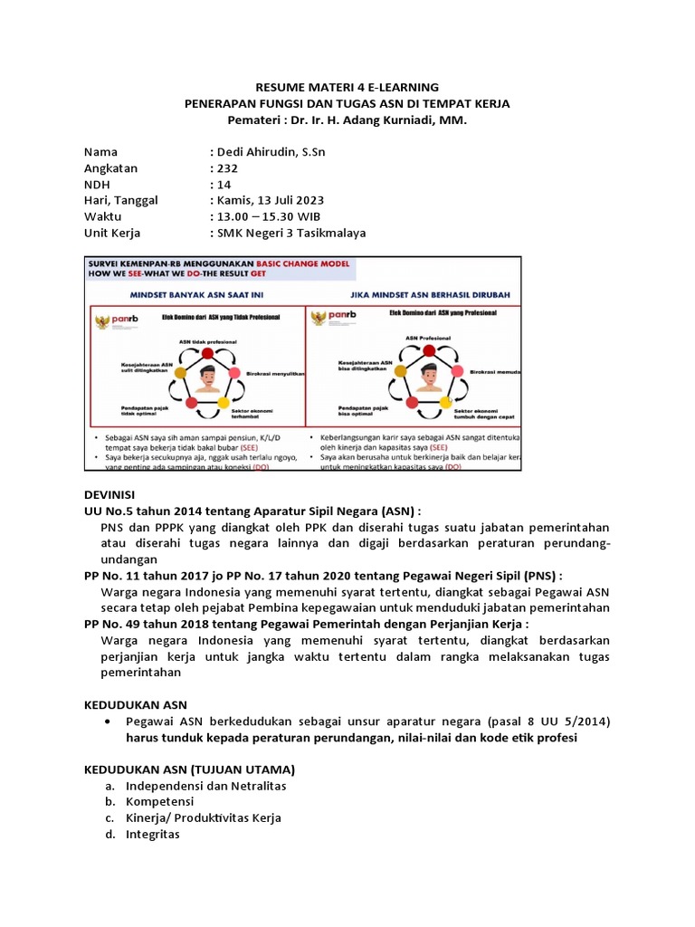 RESUME ELEARNING MATERI 4 PENERAPAN FUNGSI DAN TUGAS ASN Di Tempat Kerja,,PPPK232 - 14 - Dedi ...