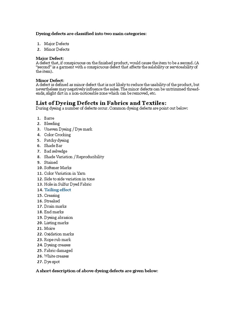 List of Defects | PDF | Dyeing | Textiles