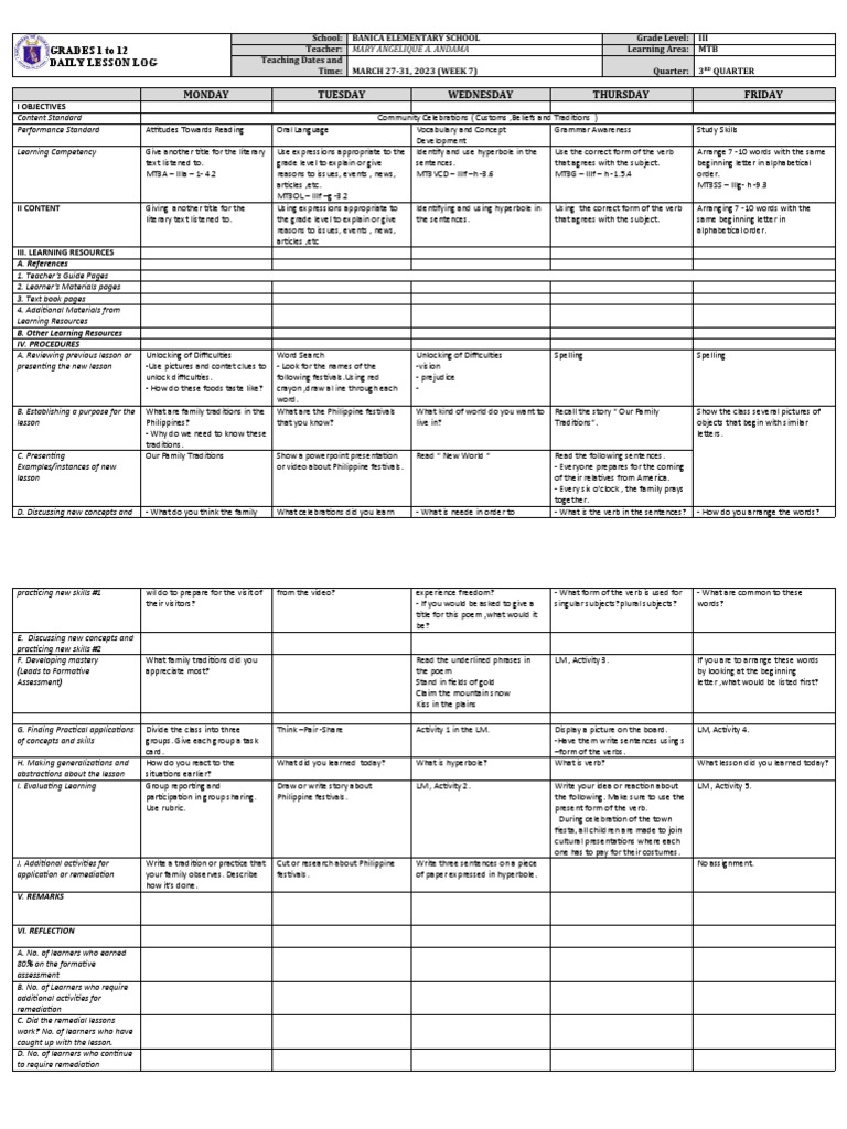 DLL - MTB 3 - Q3 - W7 | PDF | Learning | Traditions