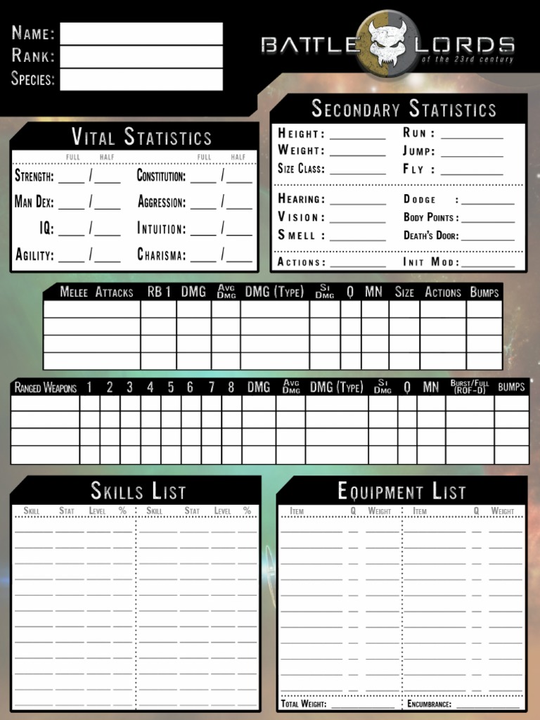 Battlelords Character Sheet With FORMS (7th Ed. V5.1) | PDF