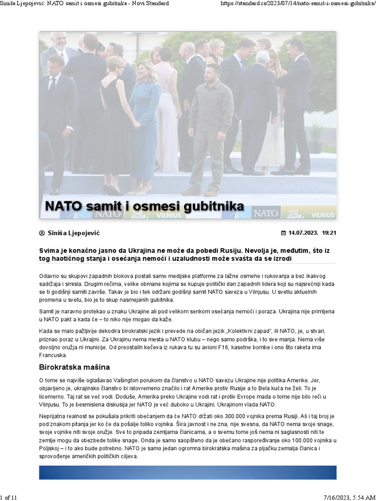 Siniša Ljepojević - NATO Samit I Osmesi Gubitnika - Novi Standard | PDF