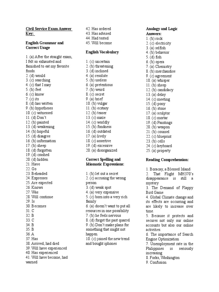 Civil Service Exam Answer Key 2024 | PDF