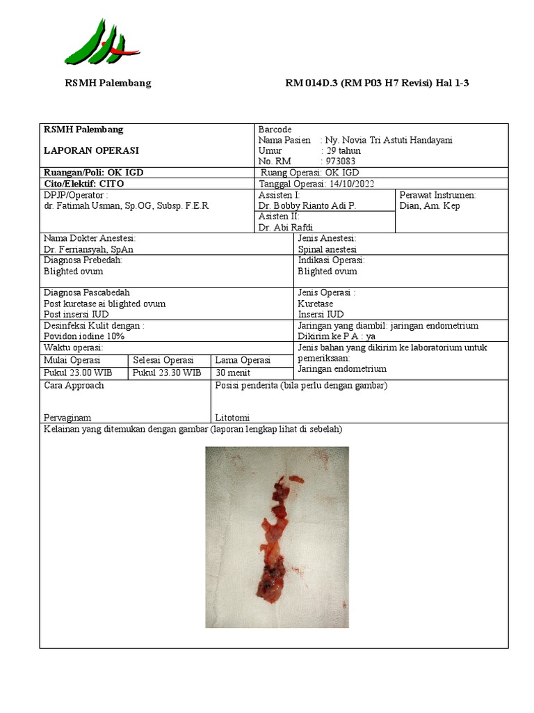 Laporan Operasi Kuretase Blighted Ovum Nova Tria Astuti Handayani - FU ...