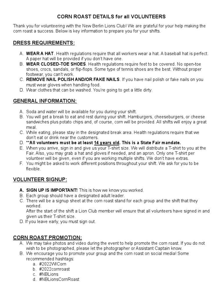 CORN ROAST DETAILS For All VOLUNTEERSdocx | PDF | Shoe