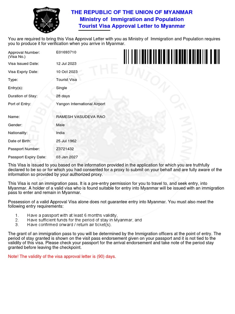 The Republic of The Union of Myanmar Ministry of Immigration and ...