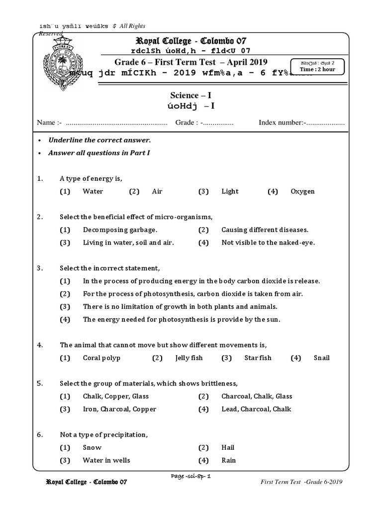 Royal-College-Grade-06-Science-First-Term-Paper-English-Medium | PDF